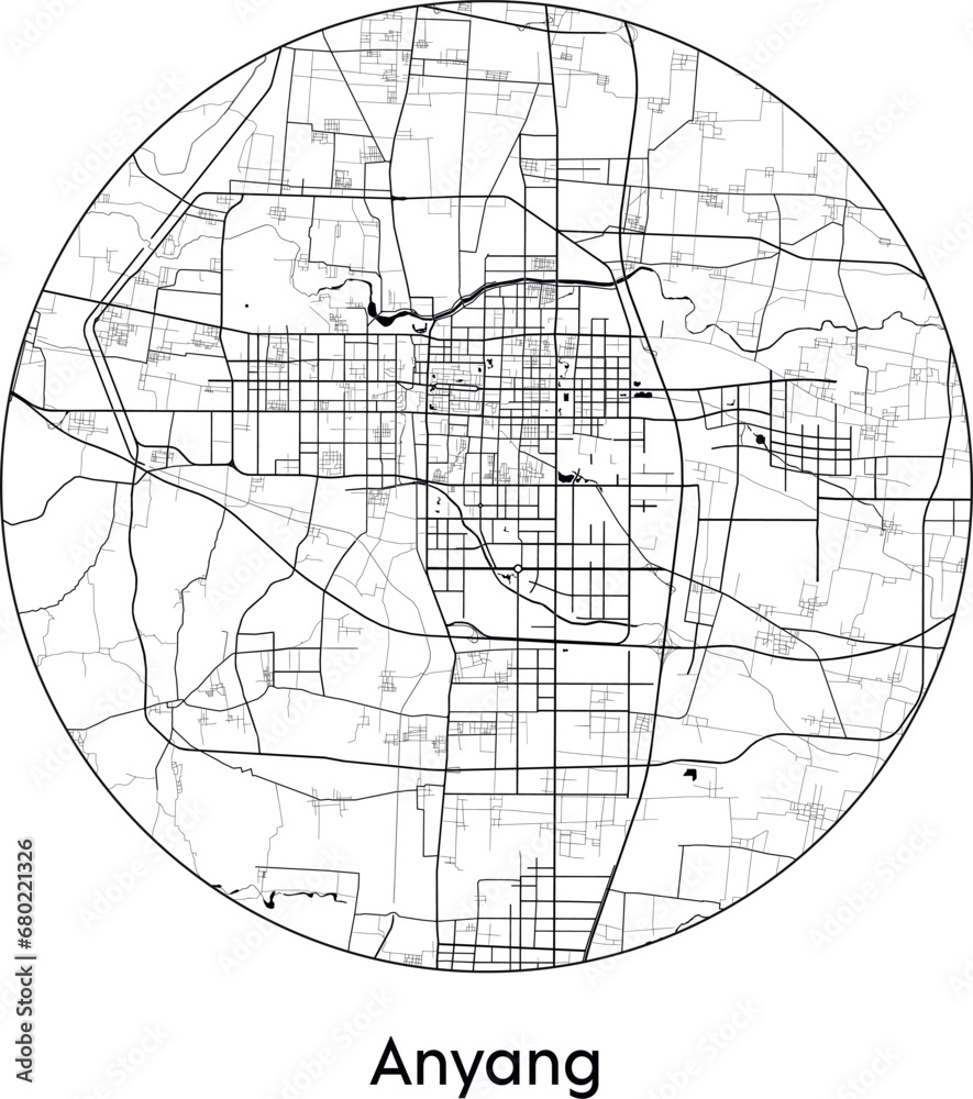 Minimal City Map of Anyang (China, Asia) black white vector ...