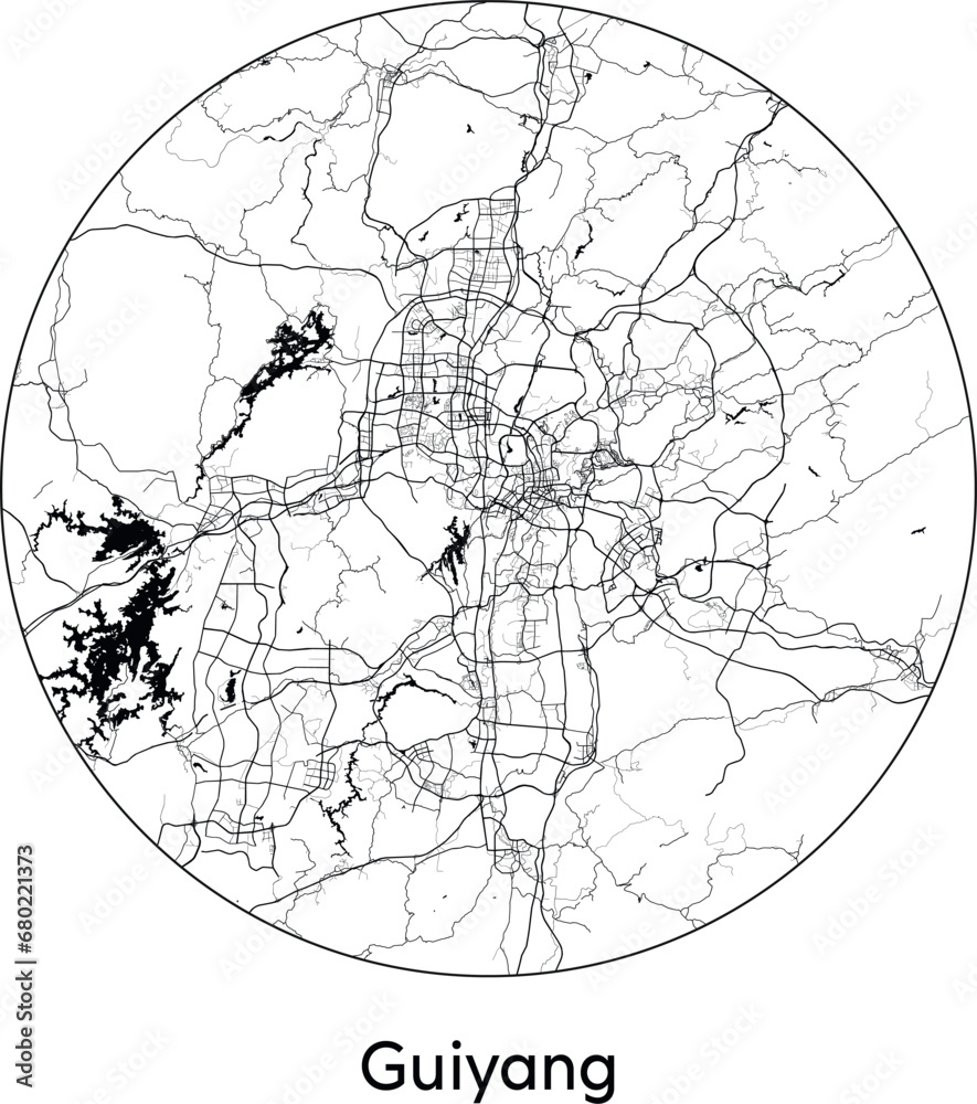 Minimal City Map of Guiyang (China, Asia) black white vector ...