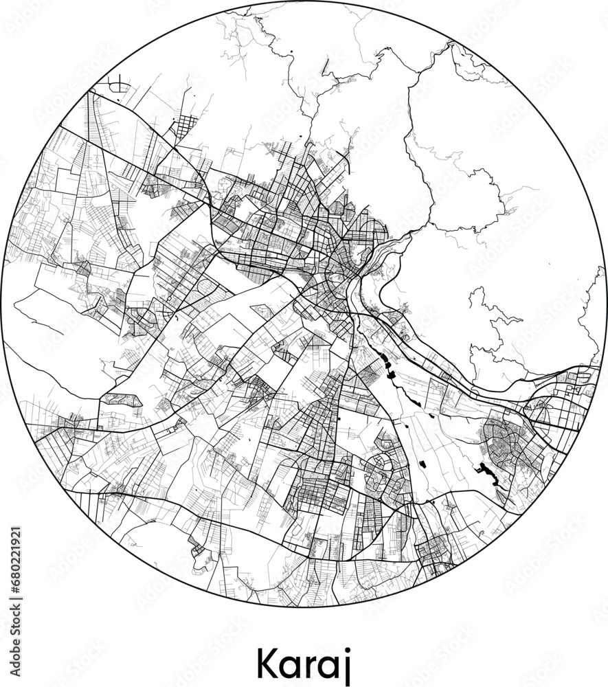Minimal City Map of Karaj (Iran, Asia) black white vector illustration ...