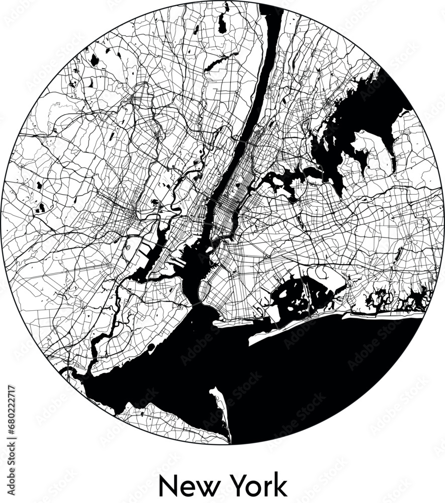 Minimal City Map of New York (United States, North America) black white ...