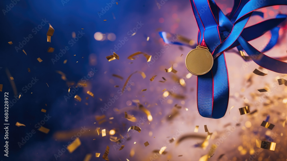 gold medal with blue ribbon, original medal mockup with gold confetti ...