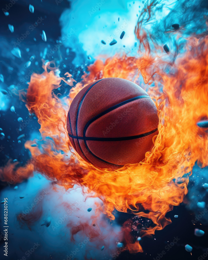 Fiery basketball contrasted against an icy background, creative ...