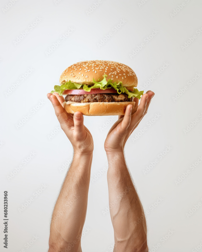 two hand holding a hamburger isolated on a white background, original ...