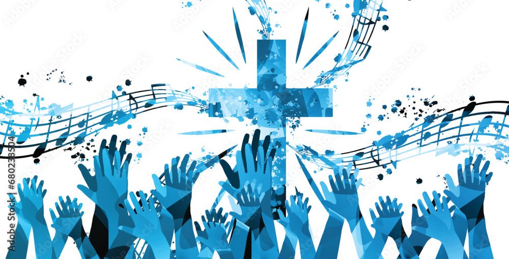 Colorful christian cross with music notes and hands isolated vector ...