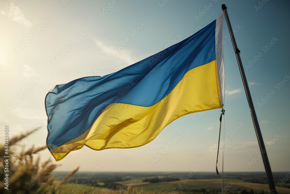 Ukrainian flag waving in the wind on blue sky background. National ...