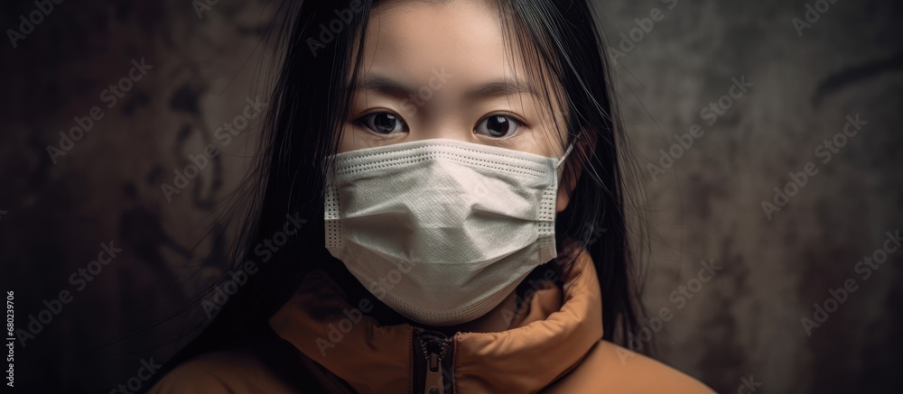 Chinese community in China, a young Asian girl wearing a mask on her ...
