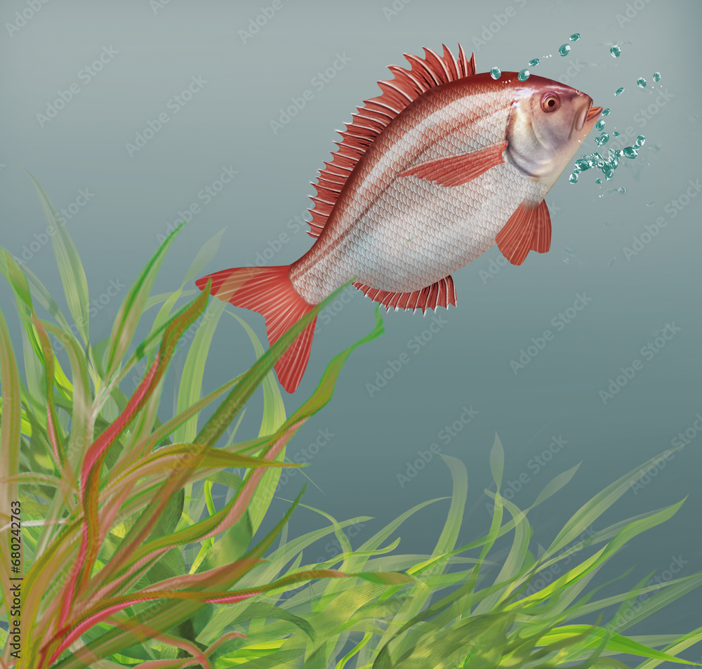 illustration d'un poisson dorade rouge qui nage dans l'eau limpide avec ...