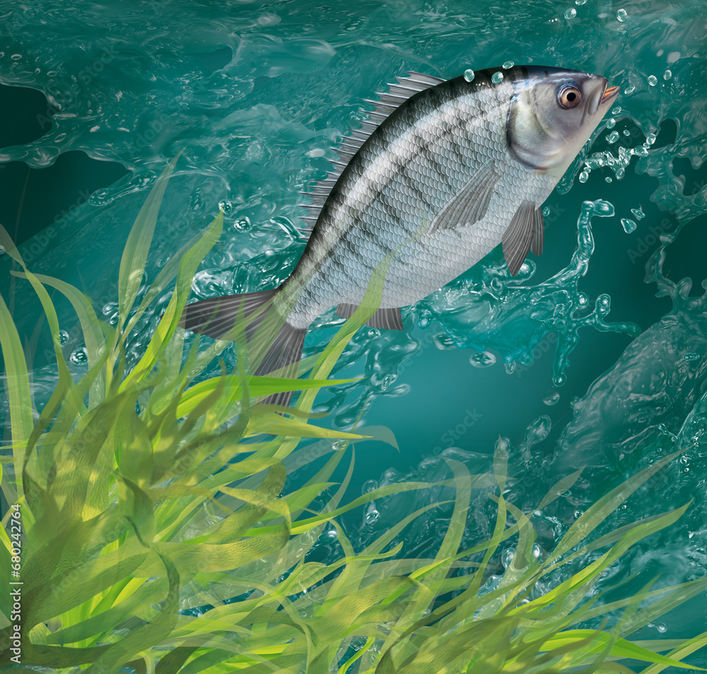 illustration d'un poisson qui nage dans l'eau limpide avec des algues ...