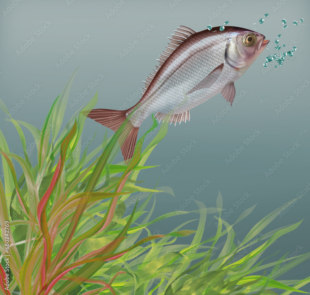 illustration d'un poisson pageot qui nage dans l'eau limpide avec des ...