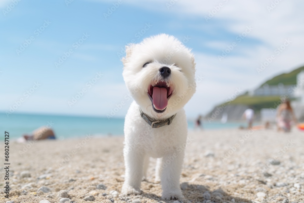 Lifestyle portrait photography of a funny bichon frise barking against ...