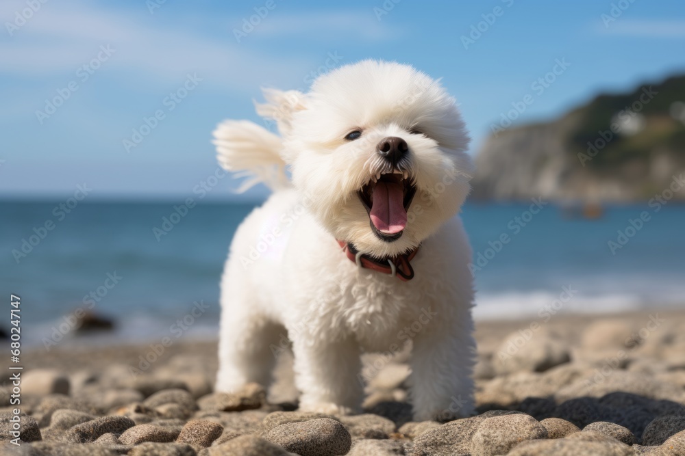 Lifestyle portrait photography of a funny bichon frise barking against ...