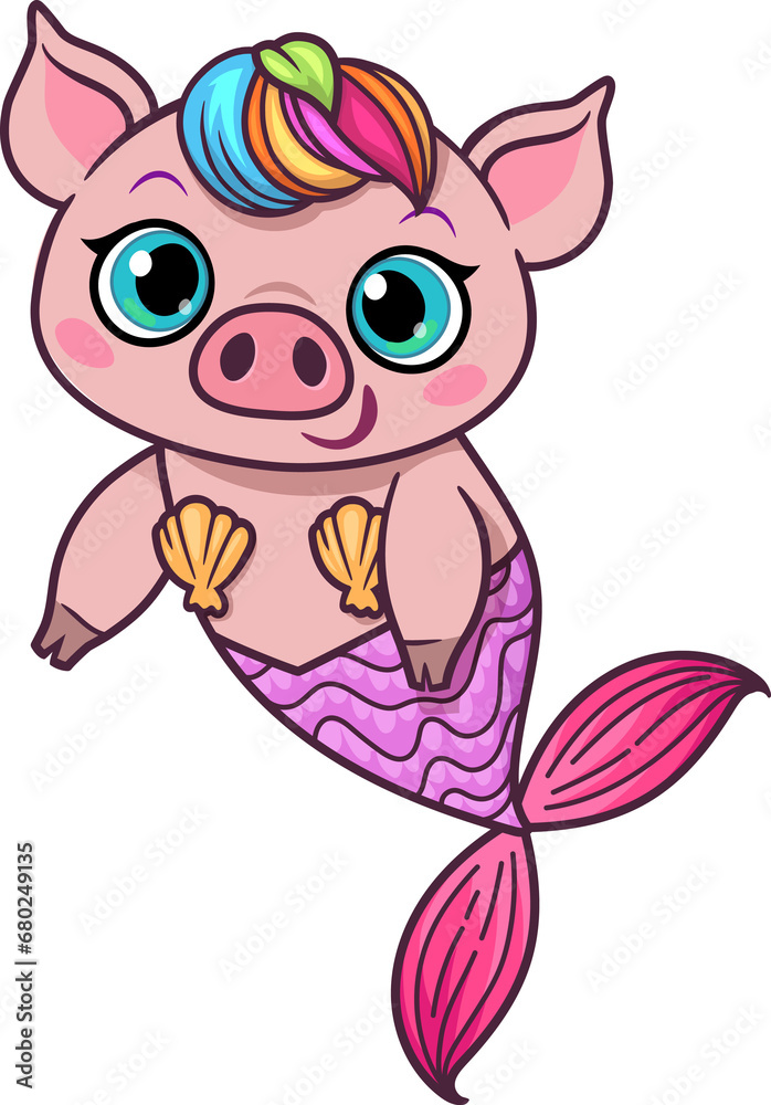 Little pig mermaid vector illustration. Pig with a mermaid tale. Comic ...