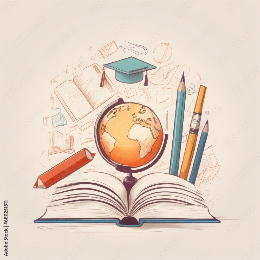 vector hand drawn sketch of school books with magnifying glass on the ...