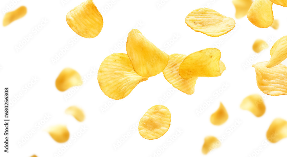Flying and falling crispy wavy potato chips isolated on transparent ...