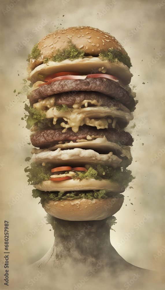 huge Burger with multiple layers of food around his neck instead of his ...