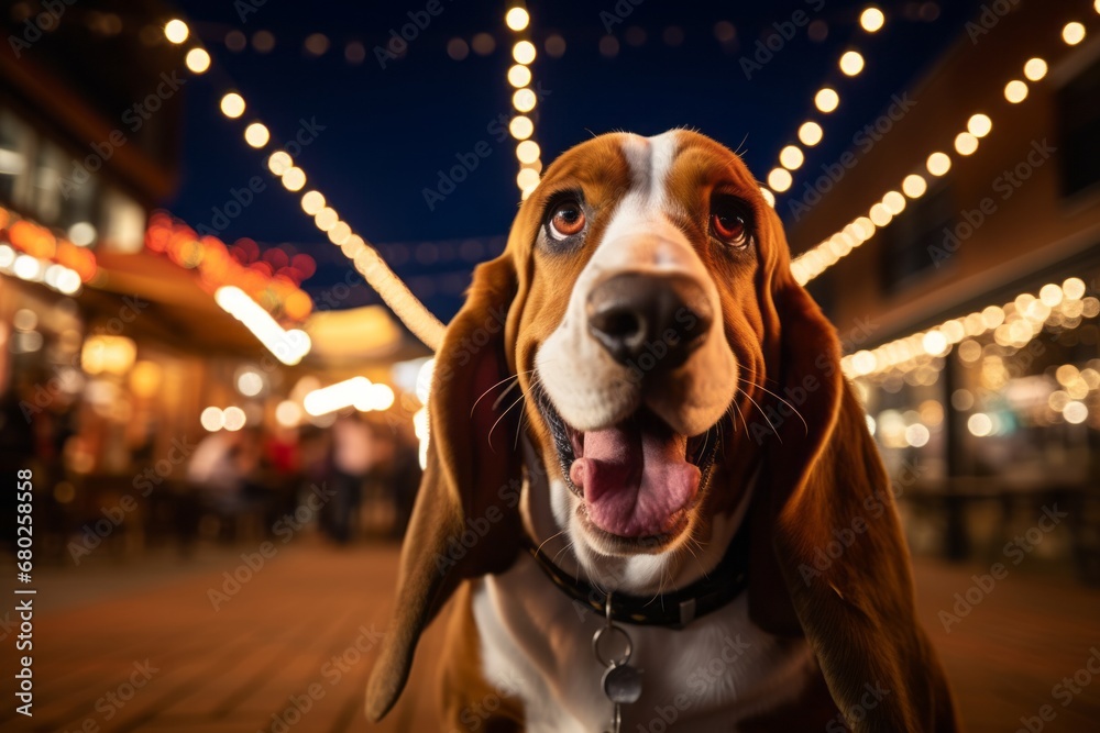 happy basset hound being in a field of flowers isolated in dog-friendly ...
