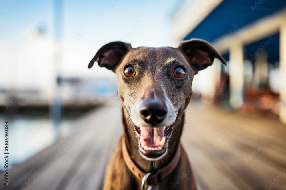 smiling greyhound sitting while standing against boardwalks and piers ...