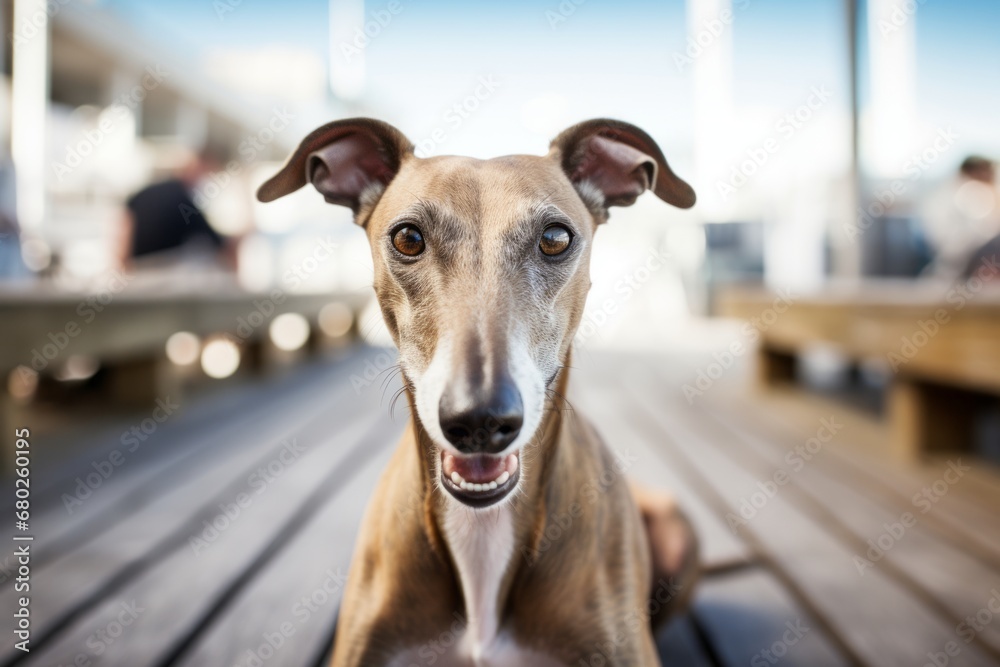 smiling greyhound sitting in front of boardwalks and piers background ...