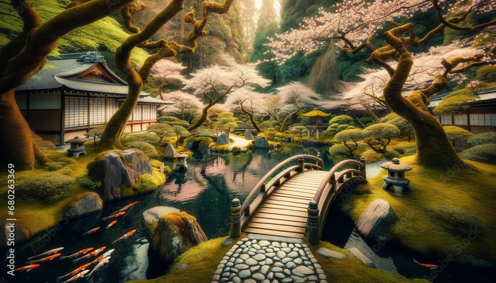 peaceful Japanese garden in spring. The scene includes a traditional ...