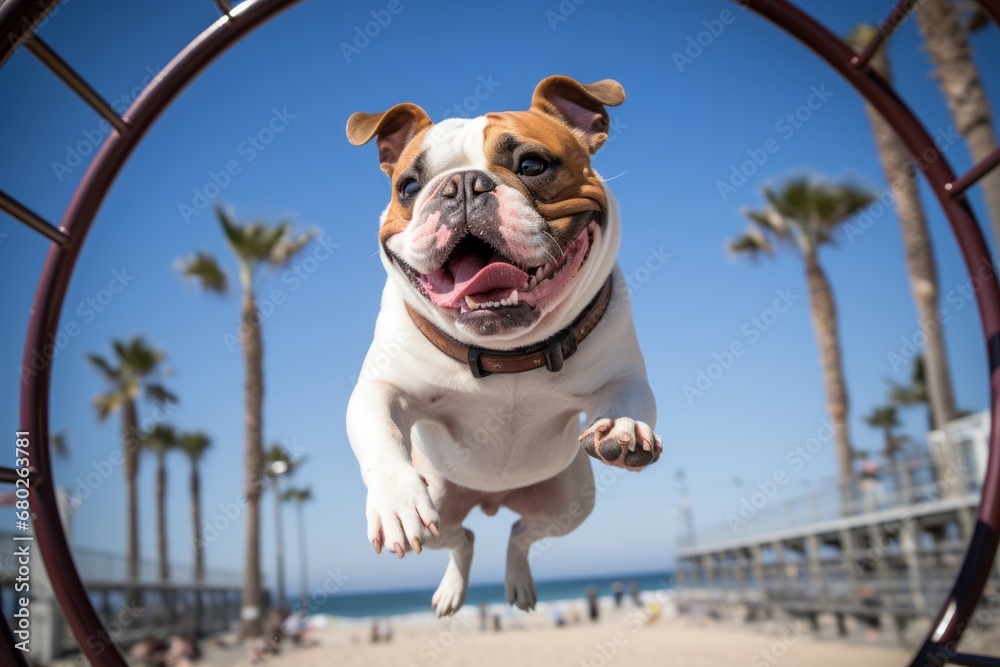 happy bulldog jumping through a hoop in front of beach boardwalks ...