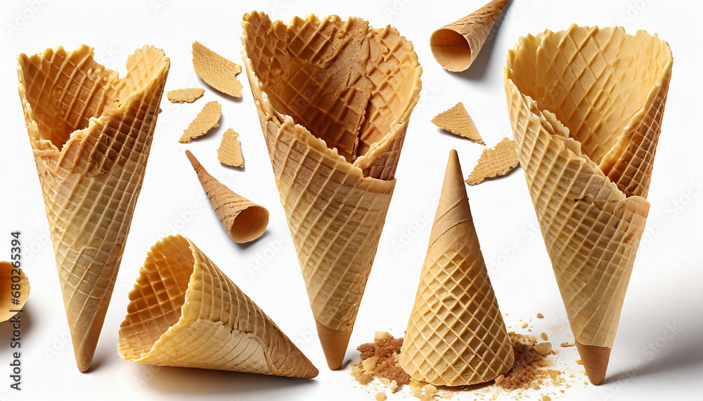 ice cream wafer cones isolated on white background with broken wafer ...