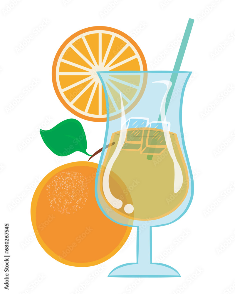 Drink made from orange juice. Drinking glass with a slice of orange and a fruit behind. Vector ...