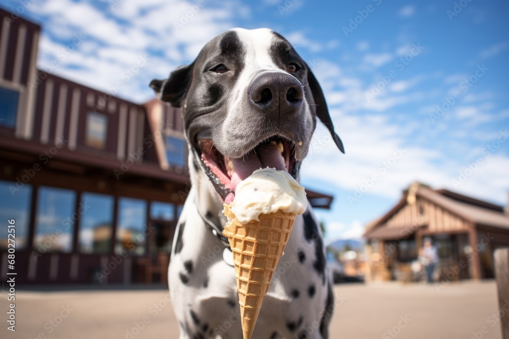 Lifestyle portrait photography of a smiling great dane licking an ice ...