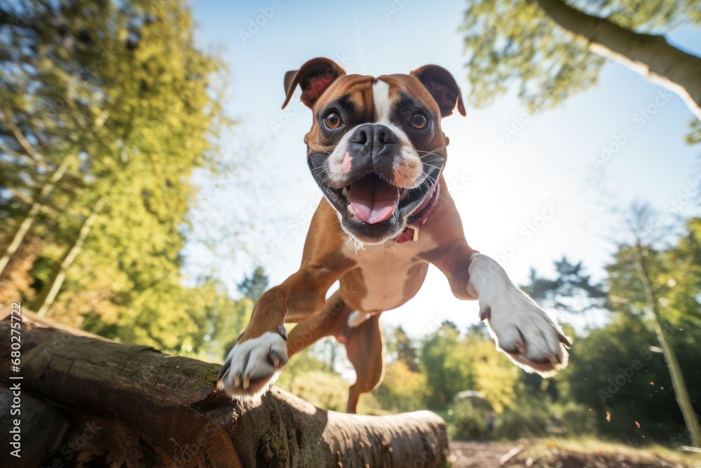 Lifestyle portrait photography of a happy boxer dog jumping over an ...
