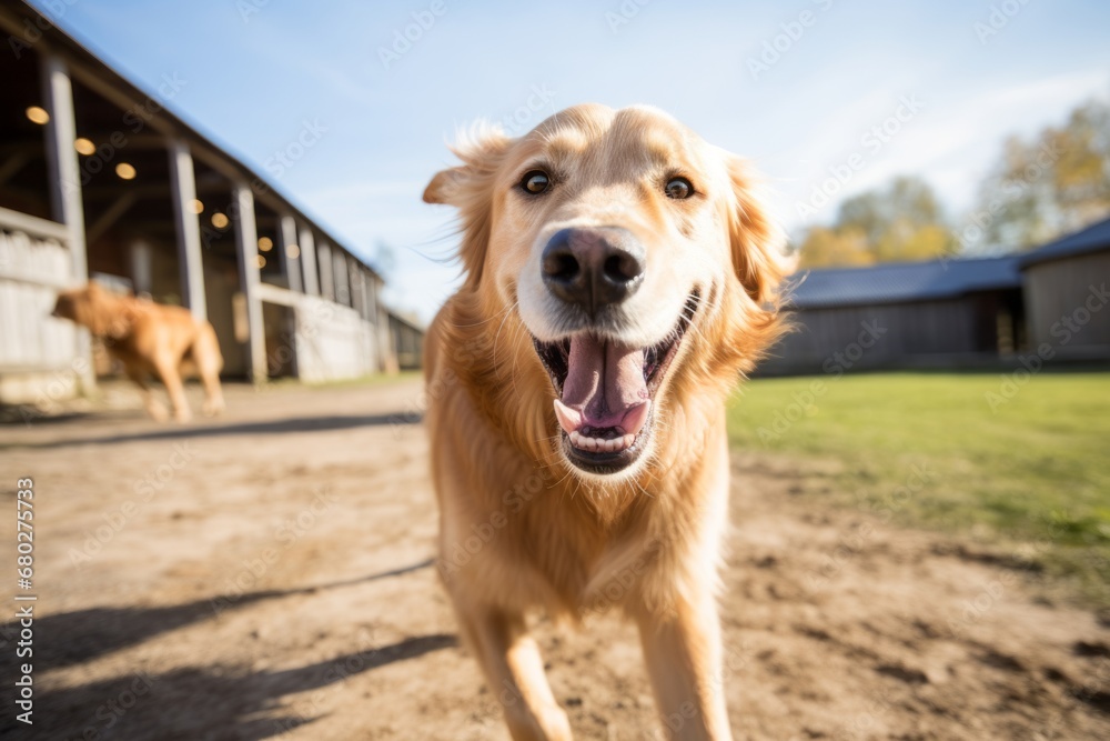 Lifestyle portrait photography of a curious golden retriever barking ...