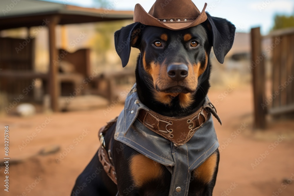 Close-up portrait photography of a funny rottweiler wearing a halloween ...