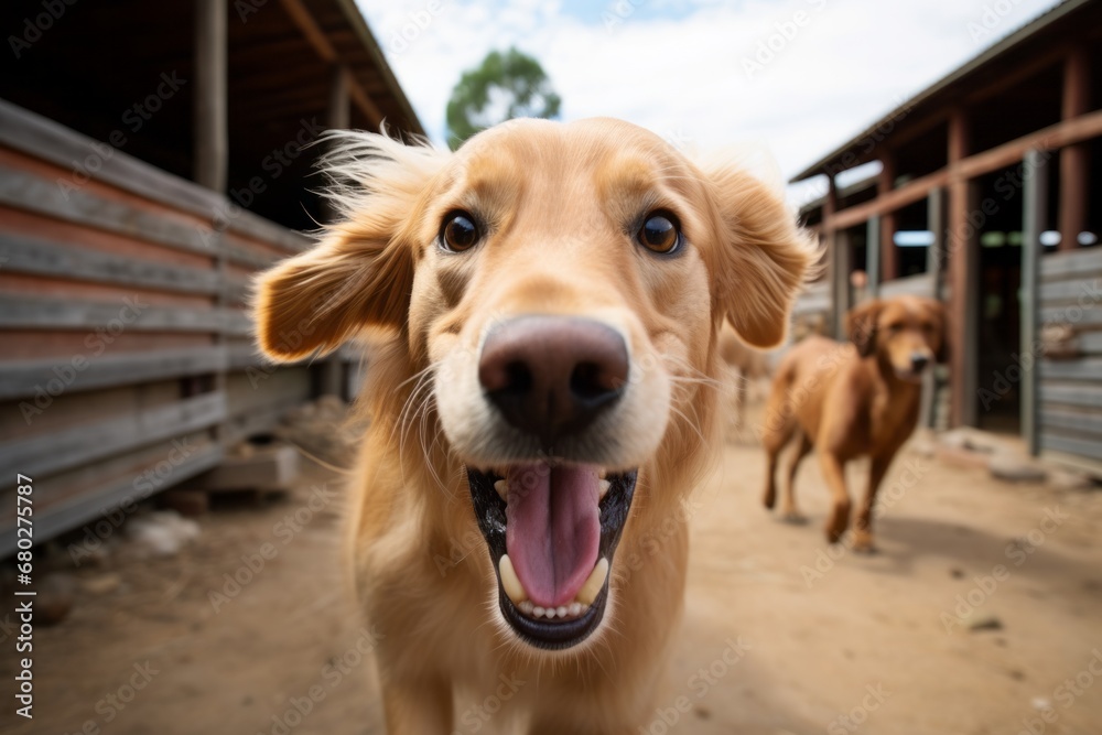 Lifestyle portrait photography of a curious golden retriever barking ...