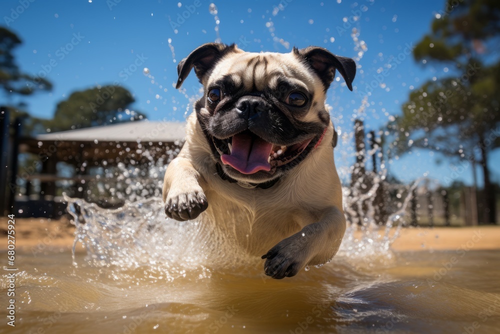 Close-up portrait photography of a cute pug splashing in a pool against ...