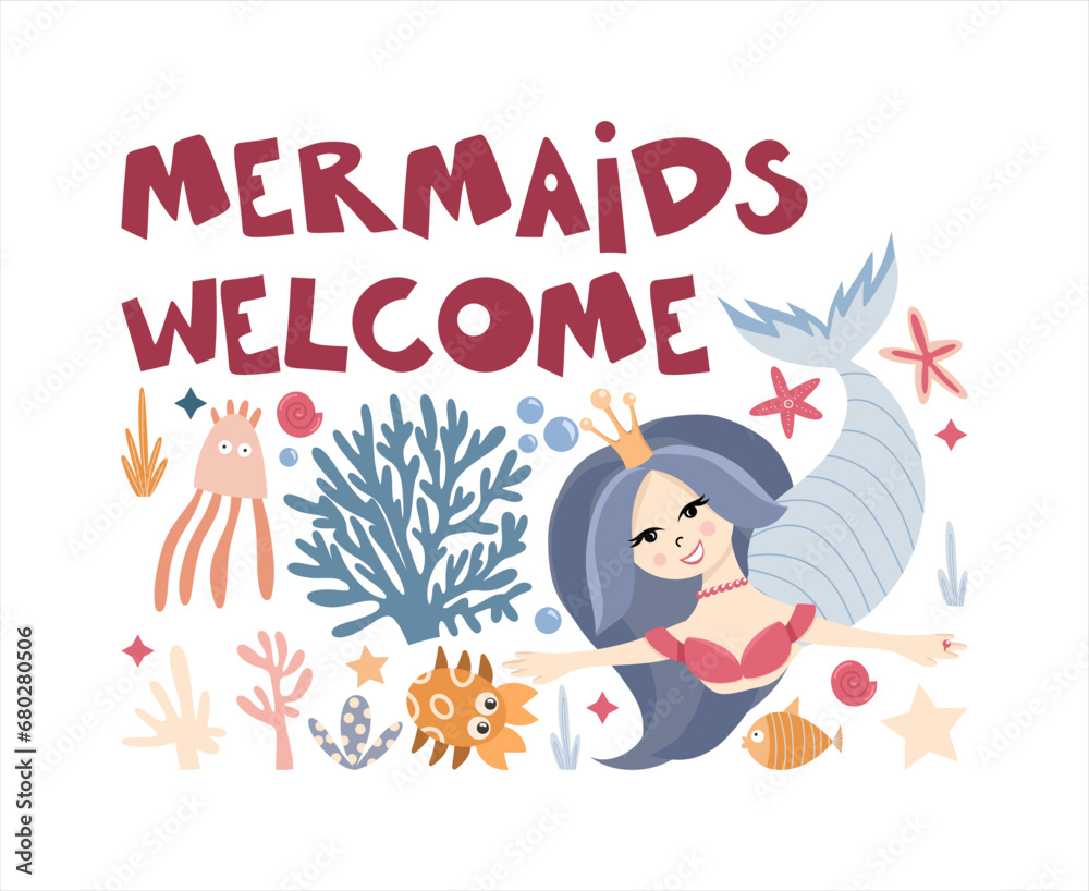 Pre-made composition with cute mermaid under the sea among the seaweed ...