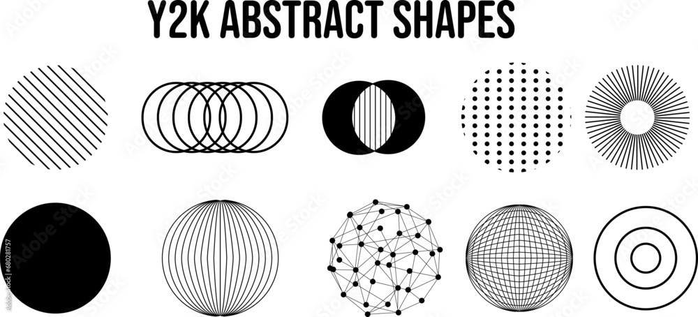 Set of abstract aesthetic geometric round y2k elements and wireframe ...
