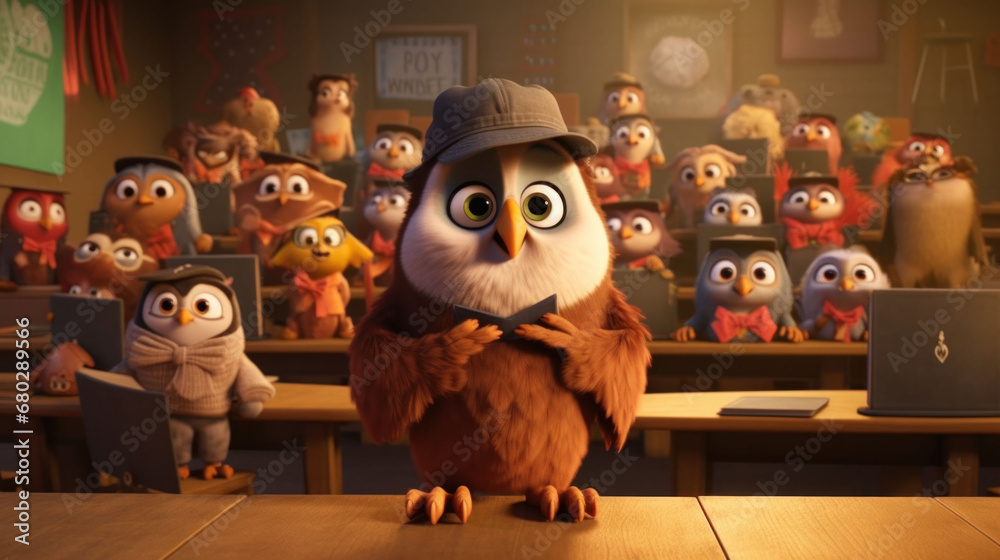 An owl professor lecturing in a digital classroom, surrounded by ...
