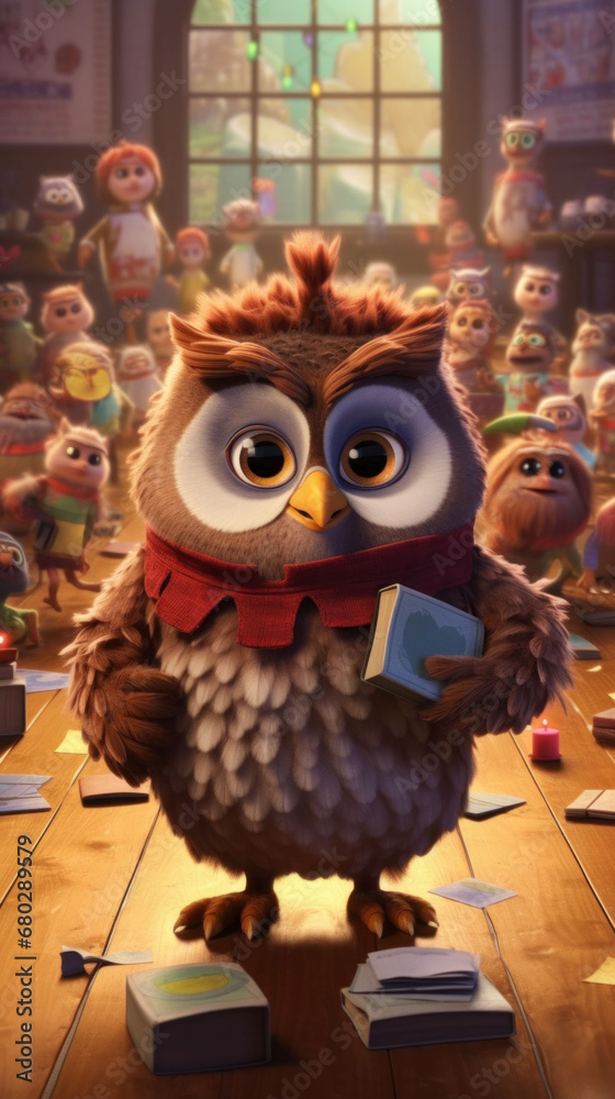 A studious owl professor amidst books and papers, in a classroom ...
