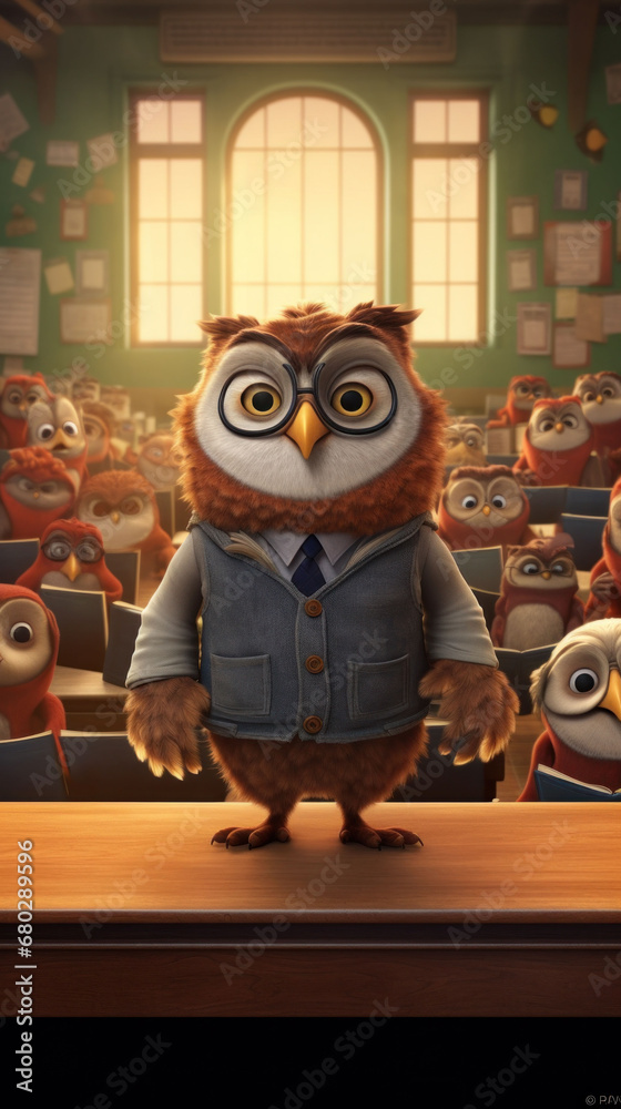 A distinguished owl professor addressing a packed lecture hall, a ...