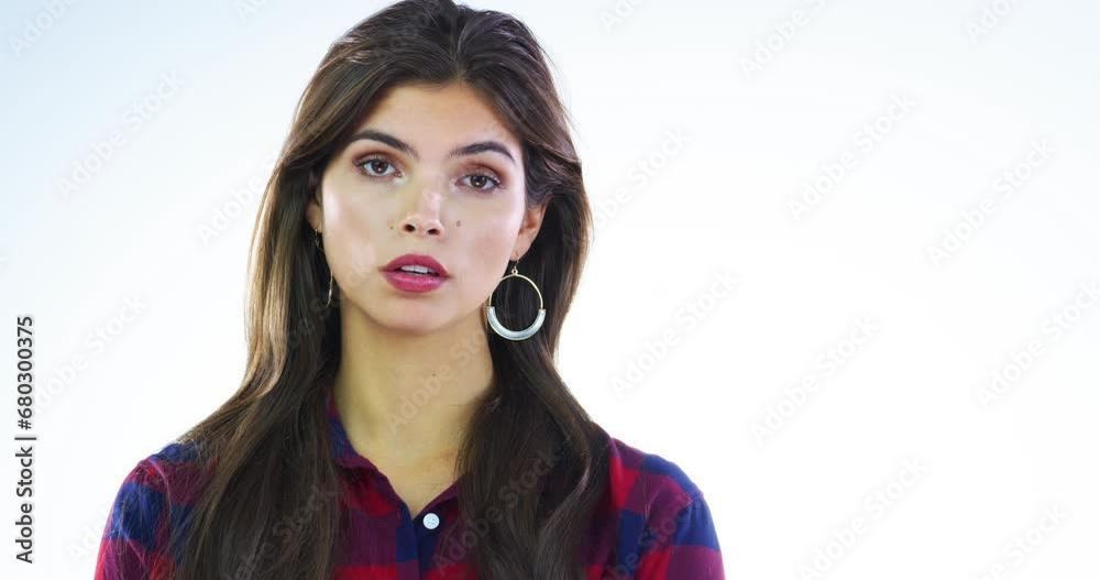 Woman, head and shake for decision in studio with announcement mock up ...
