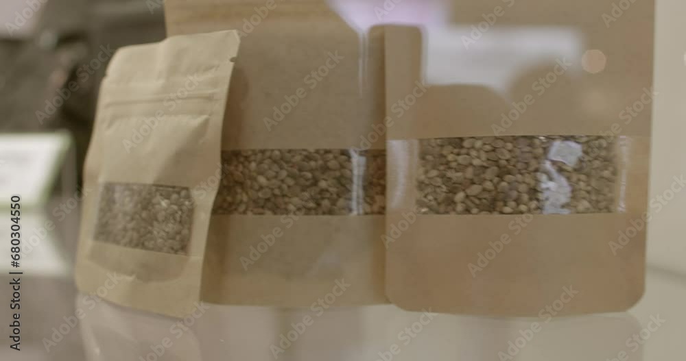 Close-up of hemp seeds in packet serve as a protein powerhouse. Packed ...