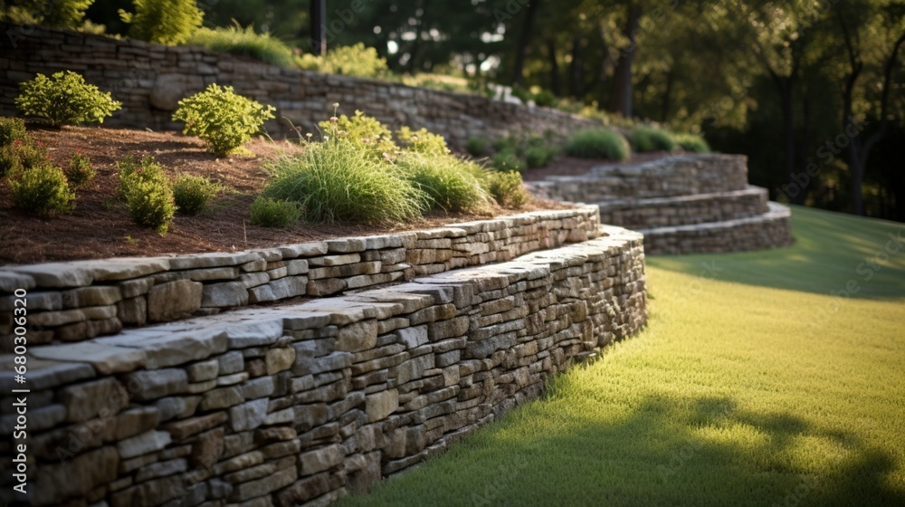 Show the intricate textures of a stacked stone retaining wall in a ...