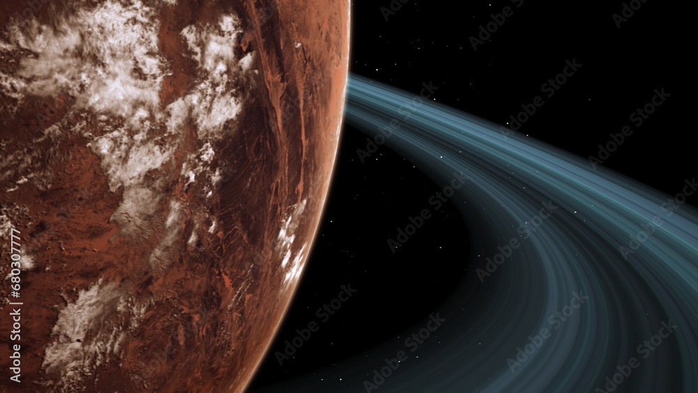 Red rocky desert Mars like planet with orbiting rings. Thin atmosphere ...