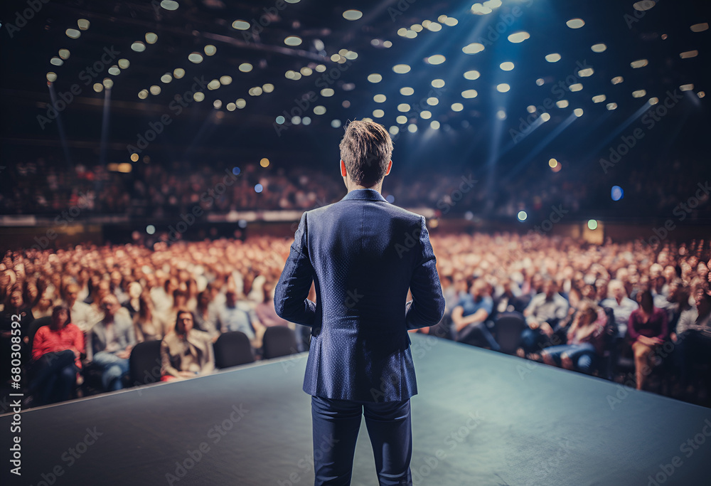 Back view of motivational speaker standing on stage in front of ...