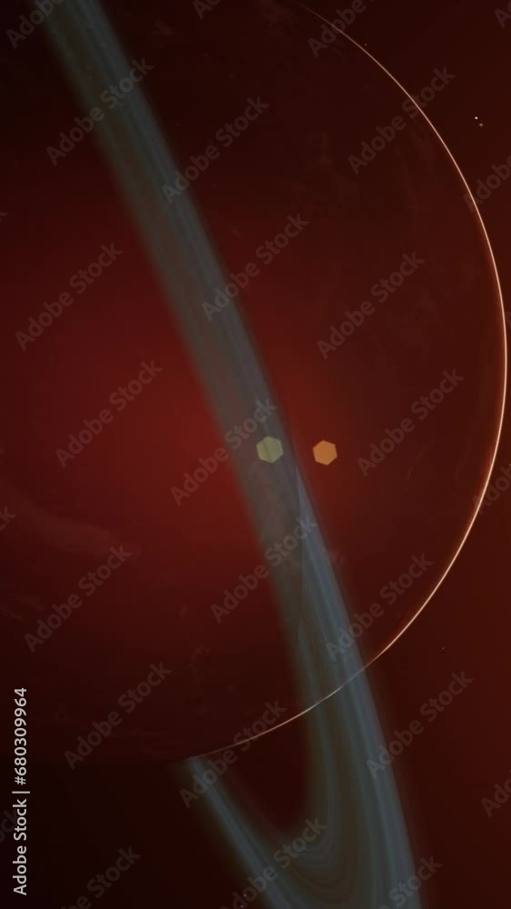 Red rocky desert Mars like planet with orbiting rings. Bright orange ...