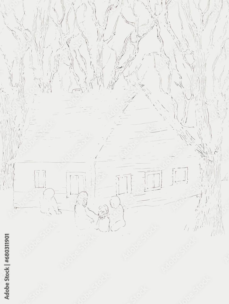 A Drawing Of A House And A Group Of People - two little humas in front ...