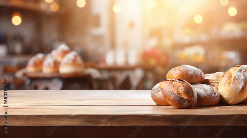 Wooden table in the bakery, place for the product, loaves of bread ...