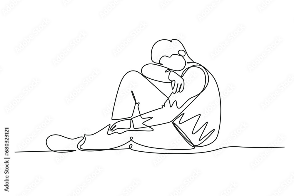 Single one line drawing businessman feeling sad and depression sitting ...
