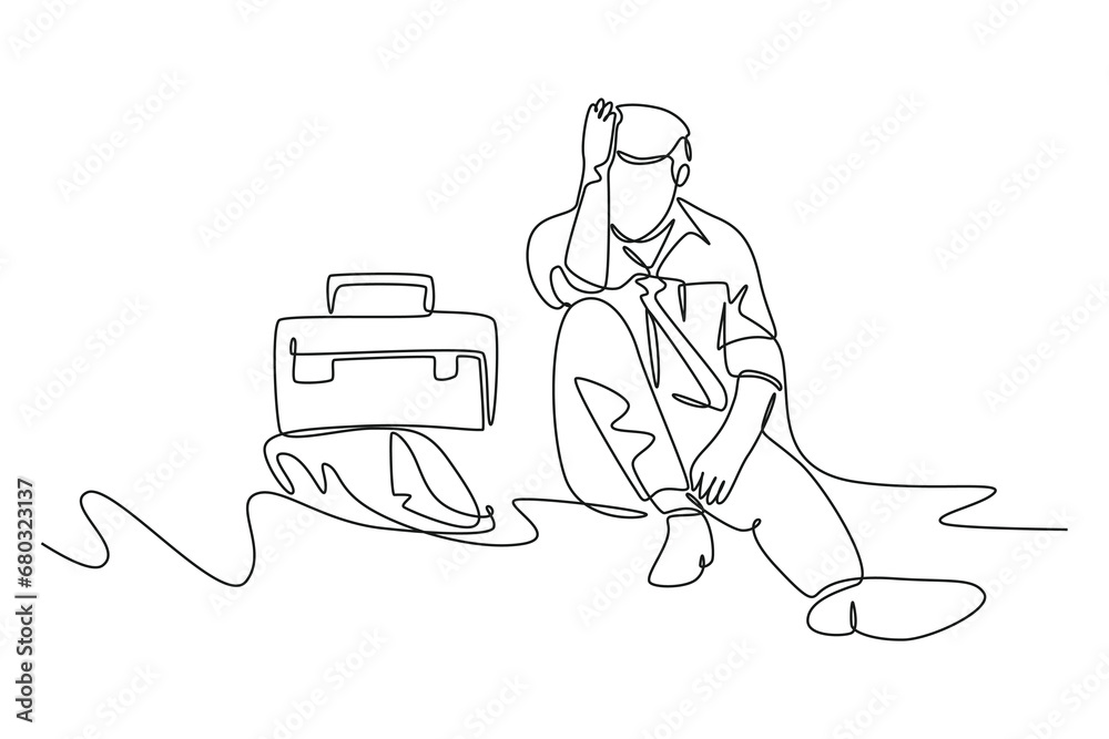 Single one line drawing of depressed businessman with briefcase sitting ...