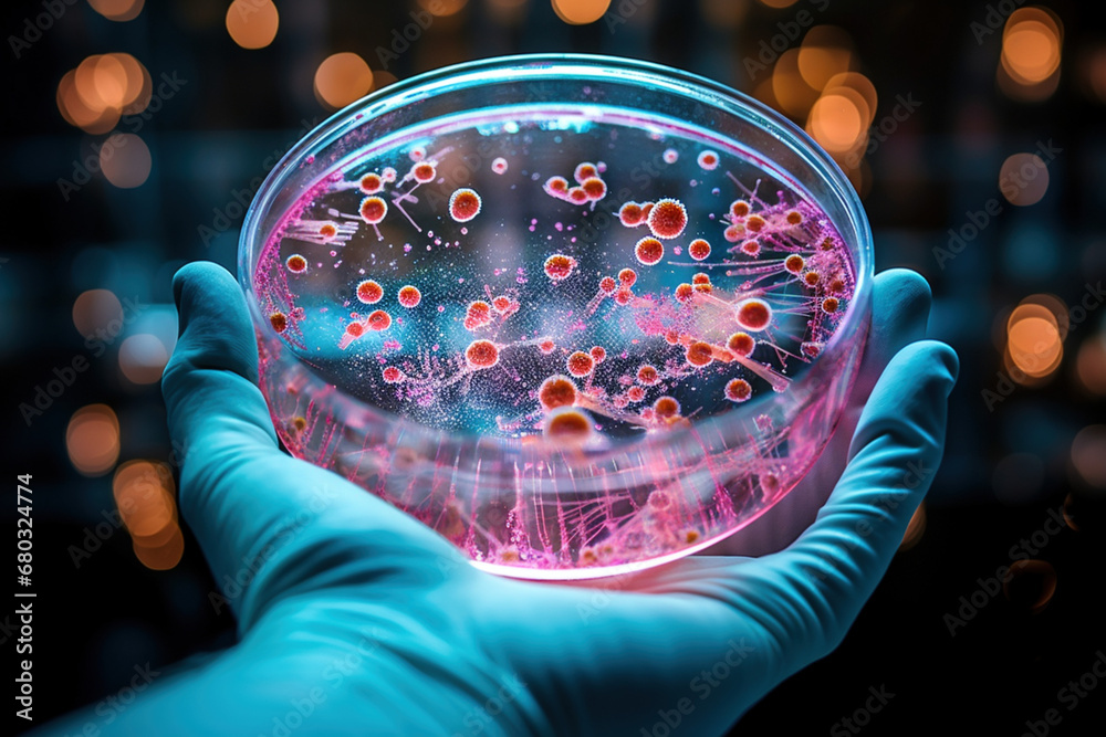 Petri dish with bacteria on hands of medical scientist researcher in ...