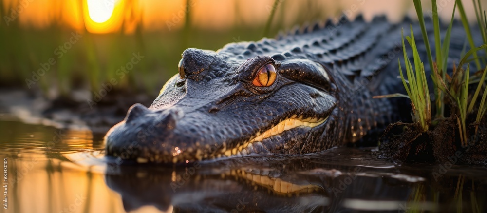 As the black alligator emerged from the shimmering lake with its rough ...