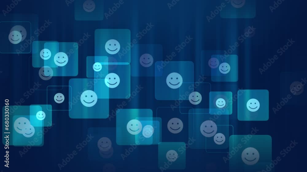 A vibrant blue backdrop showcases a circle of floating smiley faces ...
